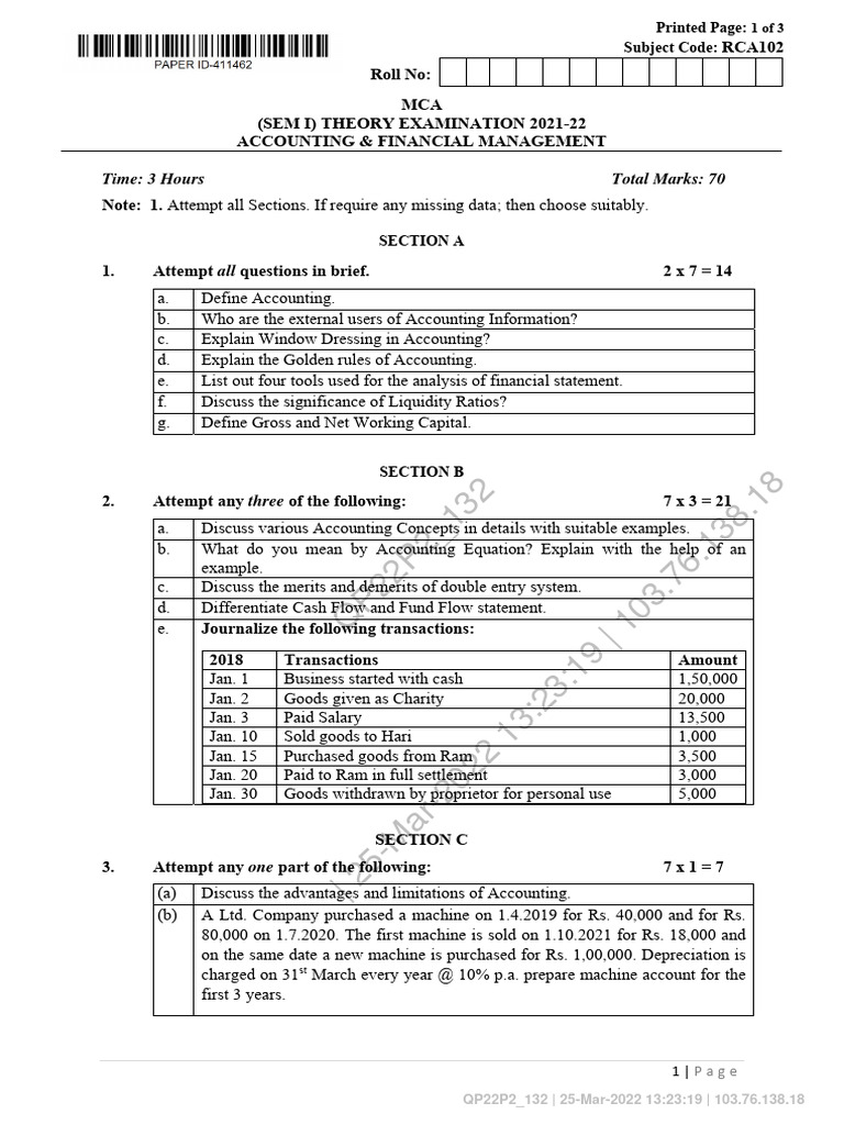 Mca 1 Sem Accounting and Financial Management Rca102 2022 | PDF | Corporations | Money