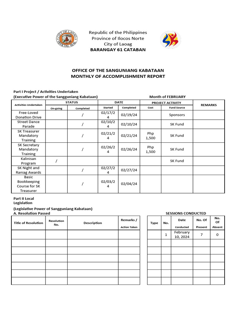 SK Monthly Accomplishment Report - Feb 2024 | PDF