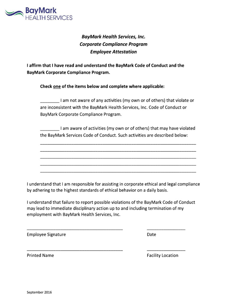 Code of Conduct and Employee Attestation | PDF | Employment | Therapy