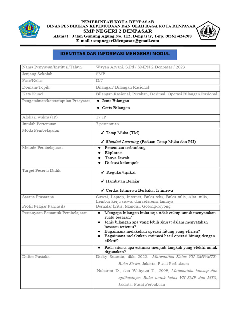Modul Ajar Bilangan Rasional Kelas 7 | PDF