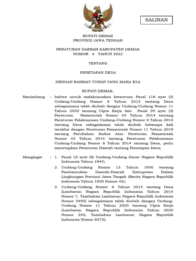 Perda No 4 Tahun 2022 Penetapan Desa | PDF