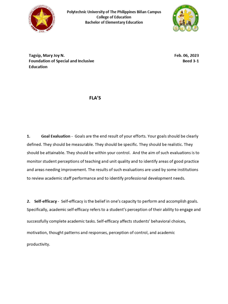 Fla's - Tagsip Mary Joy N. Beed 3-1 | PDF | Self Efficacy | Goal
