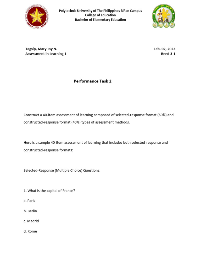 Performance Task 2 - Assessment in Learning 1 - TAGSIP MARY JOY N. BEED ...