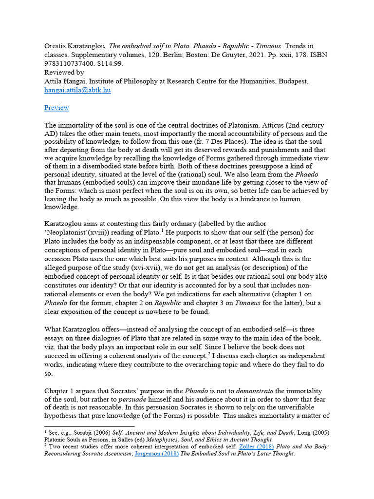 Review Karatzoglou The Embodied Self in Plato | PDF | Socrates | Soul