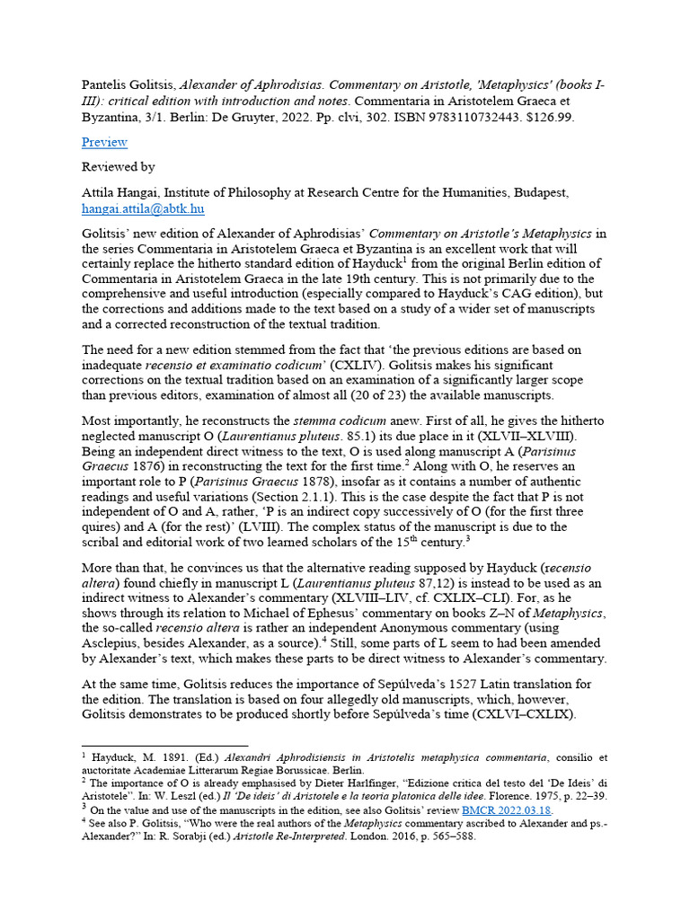 Golitsis Alex Metaph BMCR | PDF | Nous | Substance Theory