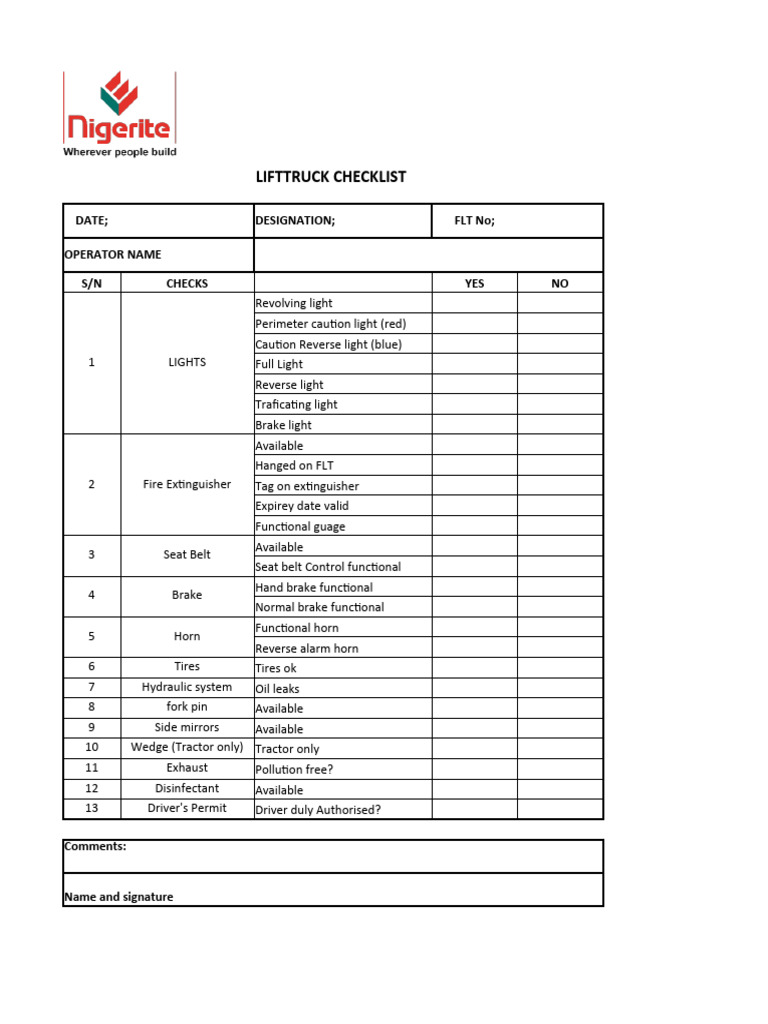 FLT Checklist 1 | PDF | Truck | Manufactured Goods