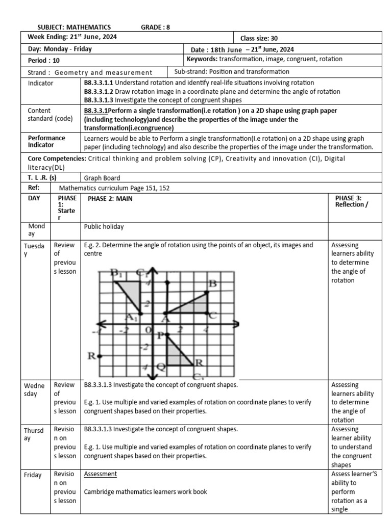 8th Grade Math Lesson Plan: Rotation | PDF | Shape | Mathematics