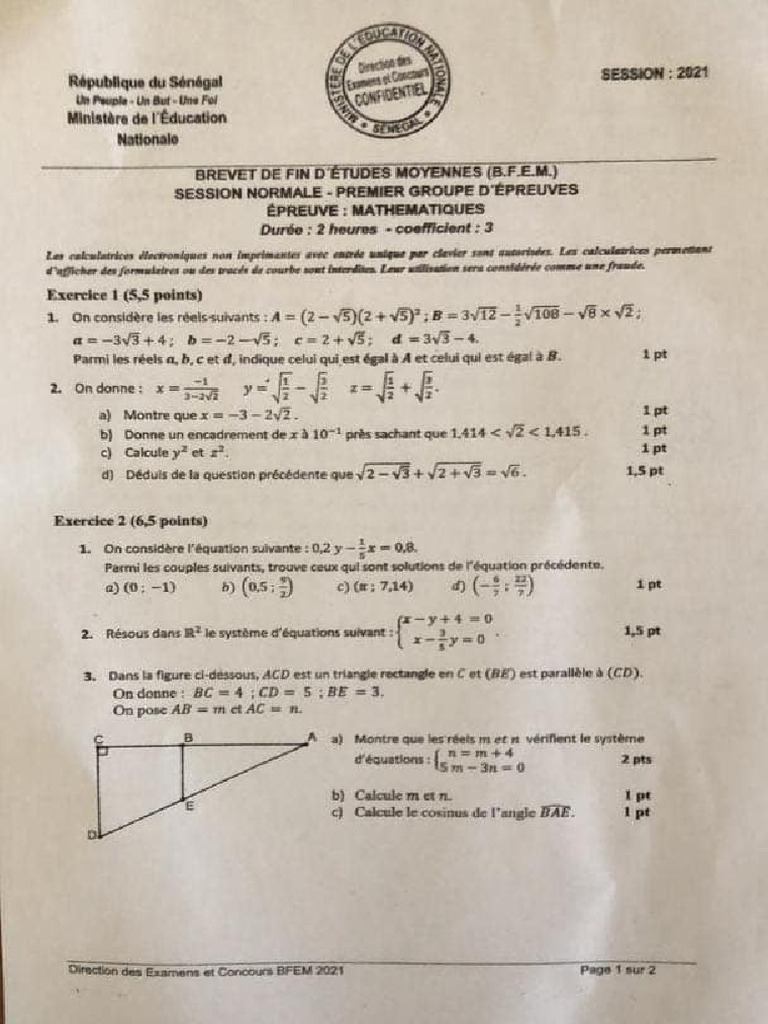 Bfem 2021 Epreuve de Mathematiques Session Normale 1er Groupe Senegal | PDF