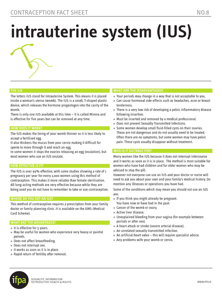Intrauterine System (IUS) : Contraception Fact Sheet NO.8 | PDF | Birth ...