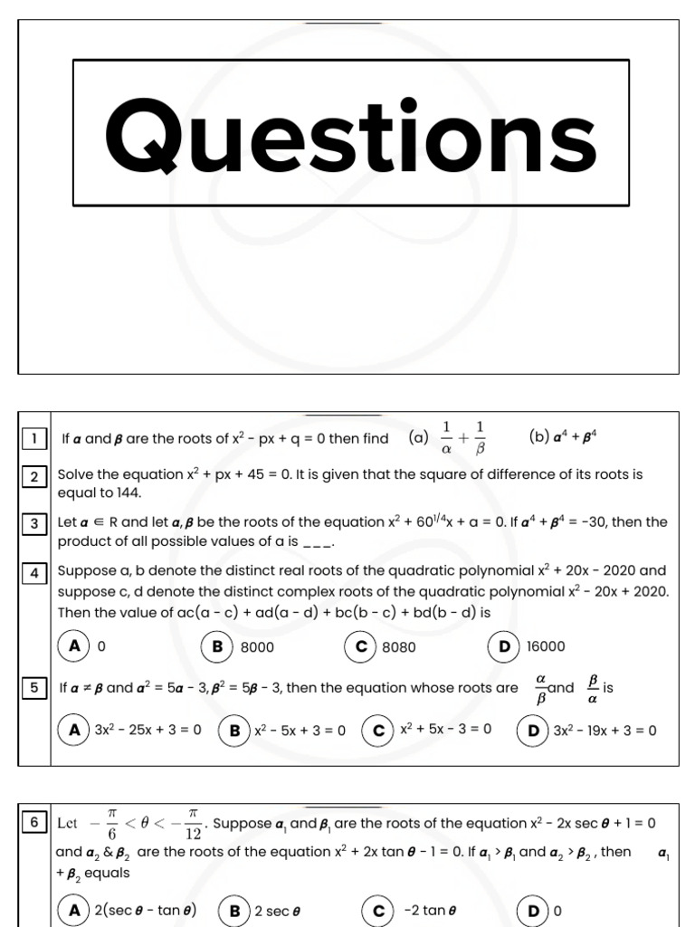 Quadratic Equations 11th Question Sheet Pdf Quadratic Equation