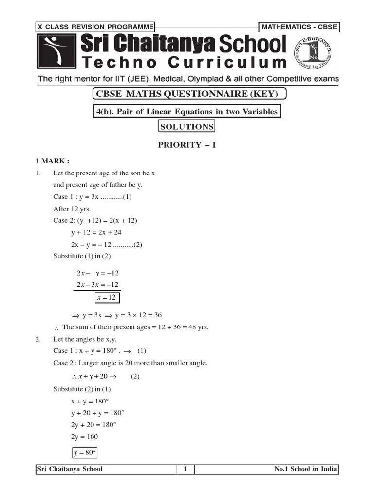 4 (B) - PAIR OF LINEAR EQUATIONS IN TWO VARIABLES (P - 1,2,3) - SOLUTIONS | PDF | Elementary ...