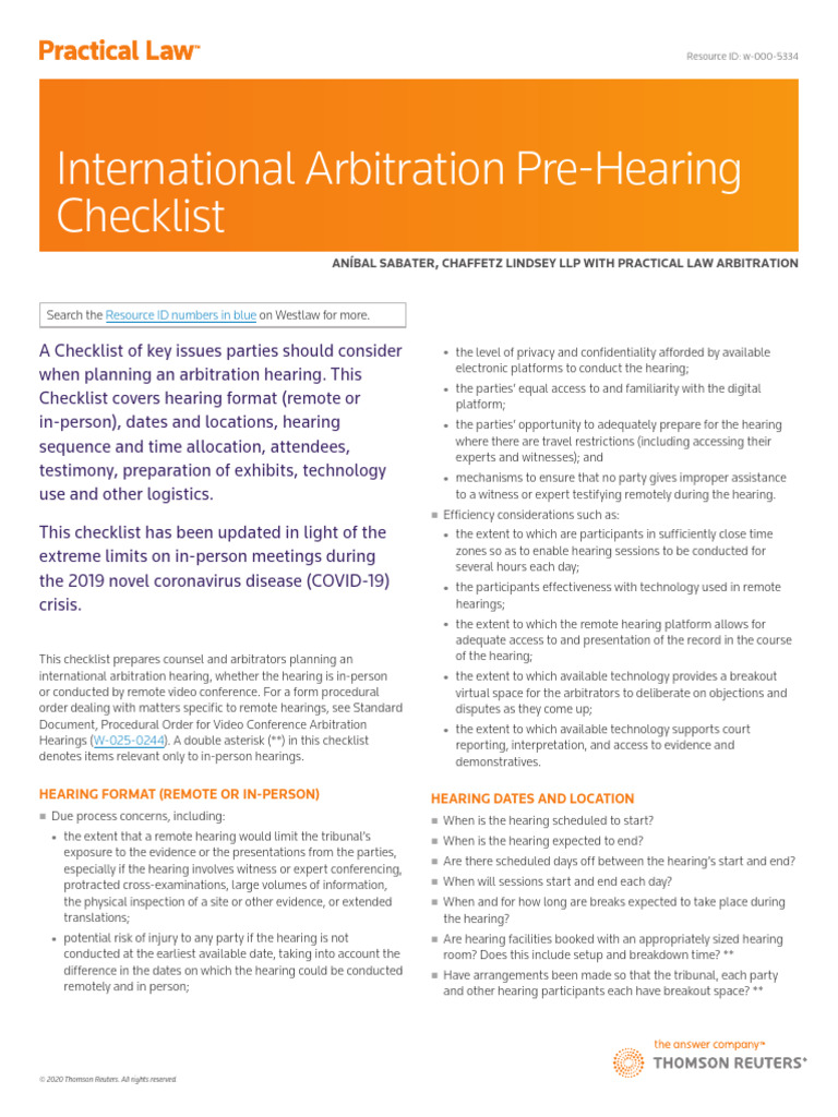 International Arbitration Pre-Hearing Checklist | PDF | Witness | Testimony