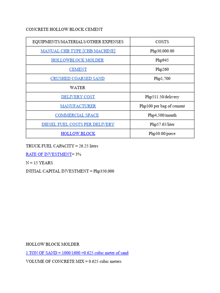 Concrete Hollow Block Production Costs | PDF | Concrete | Cement