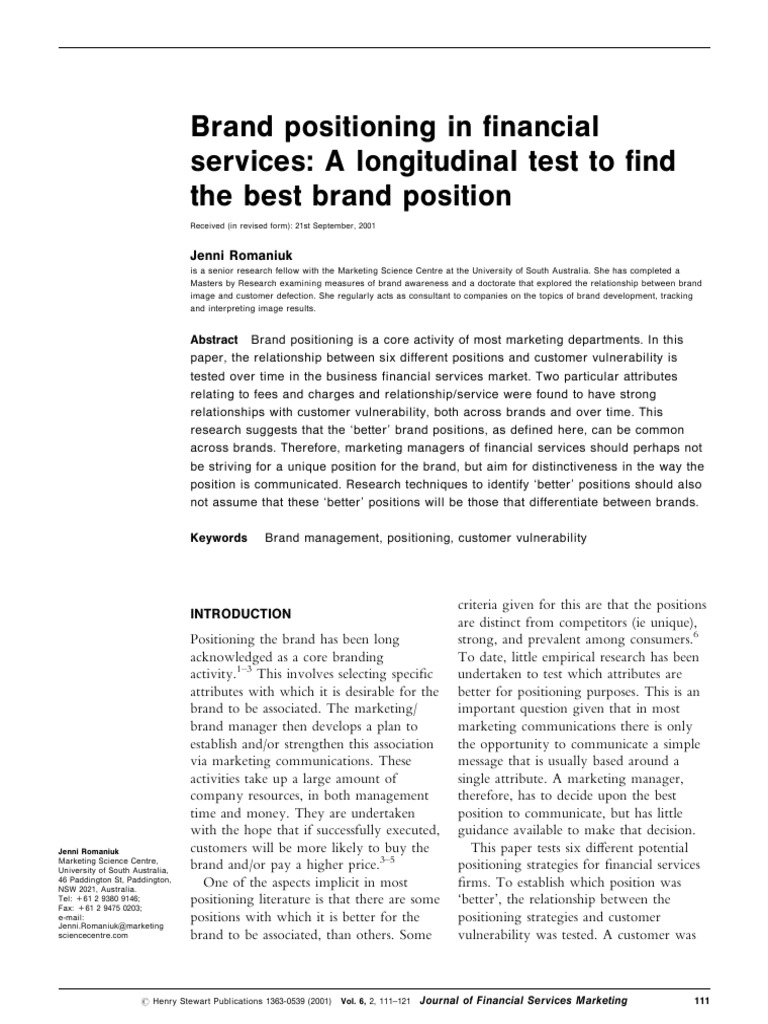 Brand Positioning in Financial Services - A Longitudinal Test To Find ...