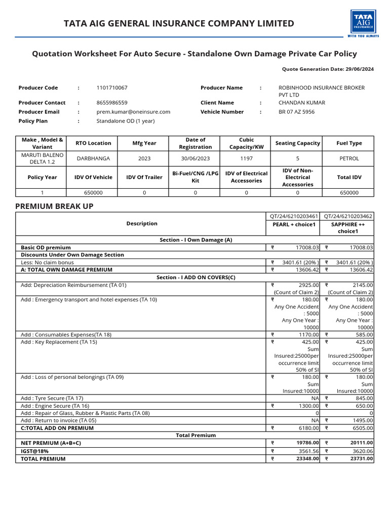 Tata AIG Motor Premium Quote - 3184 - QT - 24 - 6210203461 | PDF ...