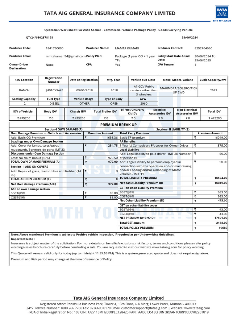 Tata AIG Auto Secure Quote Details | PDF | Insurance | Vehicles