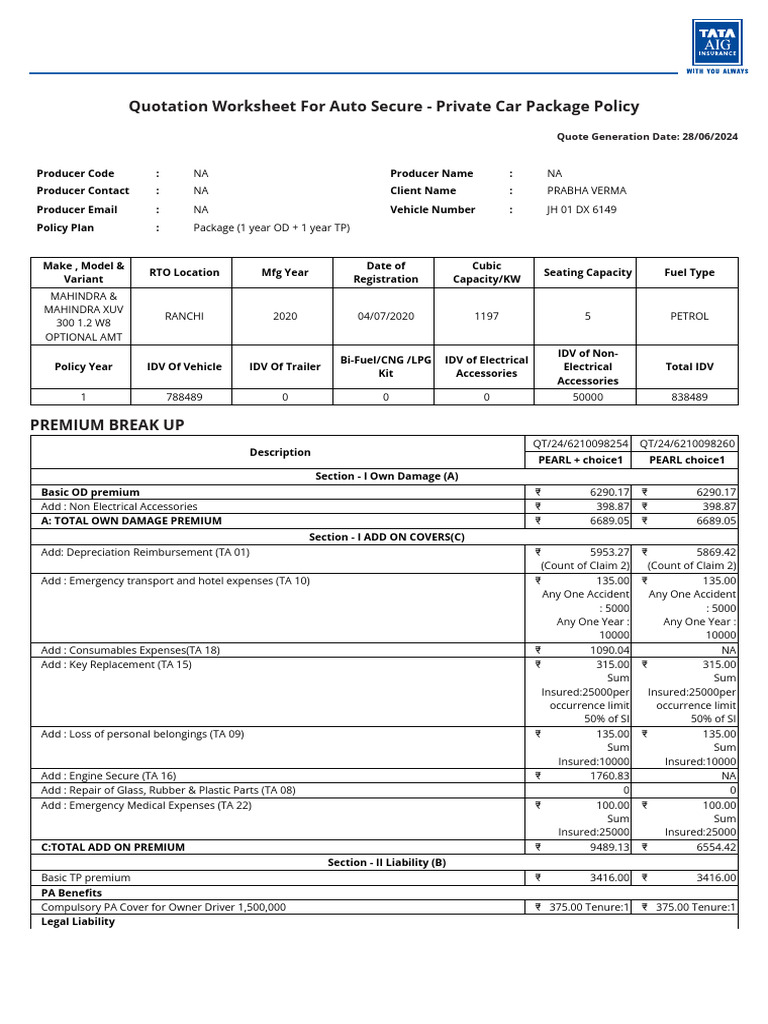 Tata AIG Motor Premium Quote - 3184 - QT - 24 - 6210098260 | PDF ...