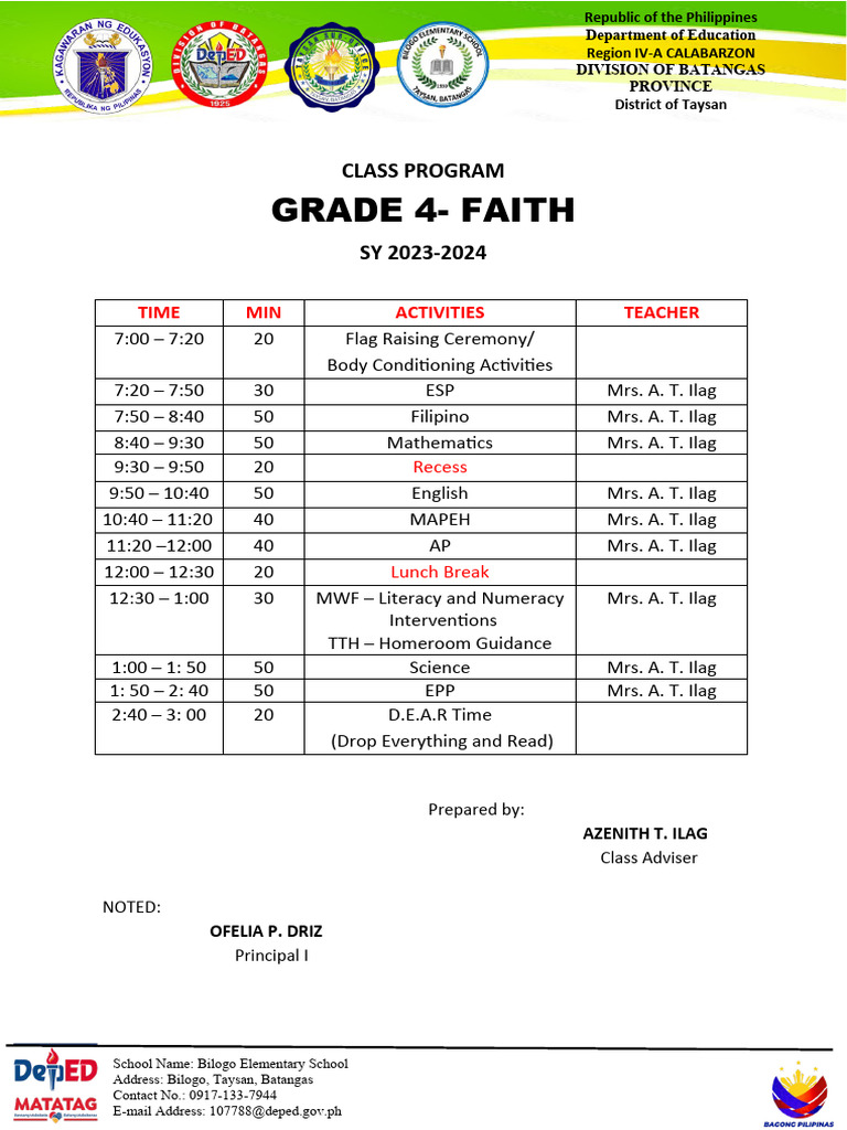 Class-Program-2023-2024 Grade 4 | PDF | Educational Institutions ...