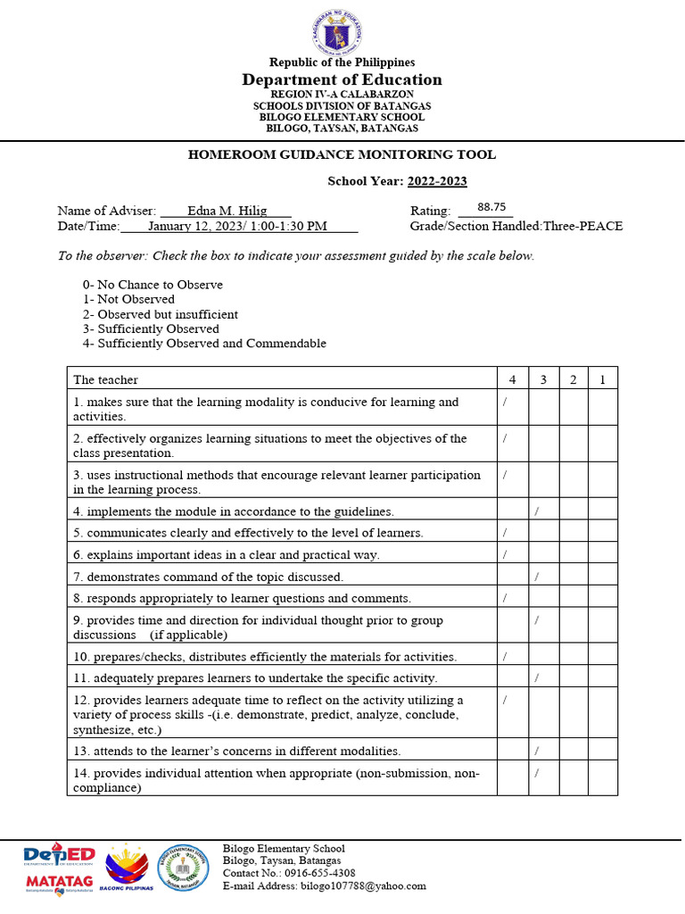 Homeroom Guidance Monitoring Tool | PDF | Learning | Human Communication