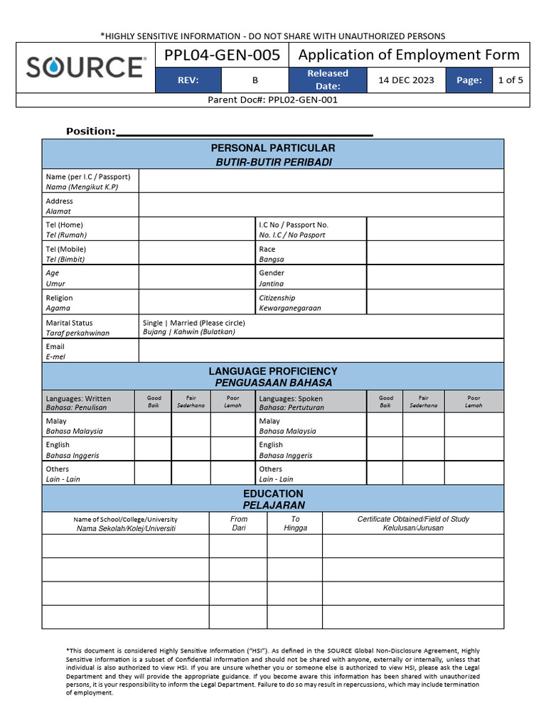 PPL04-GEN-005 - B - Application of Employment Form | PDF | Information ...