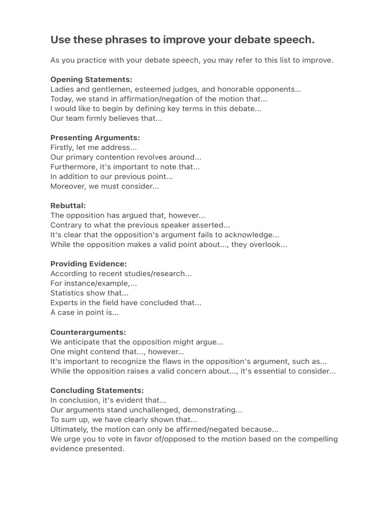 Debate Speech Phrases | PDF | Career & Growth | Language Arts & Discipline