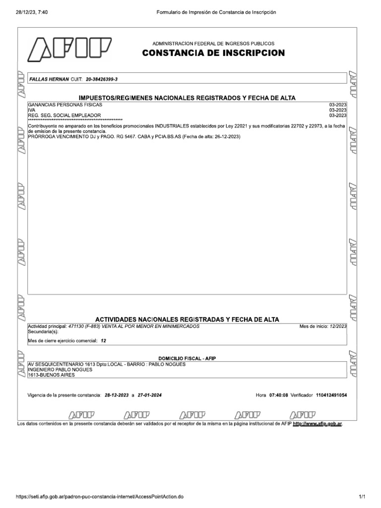 Constancia Afip | PDF