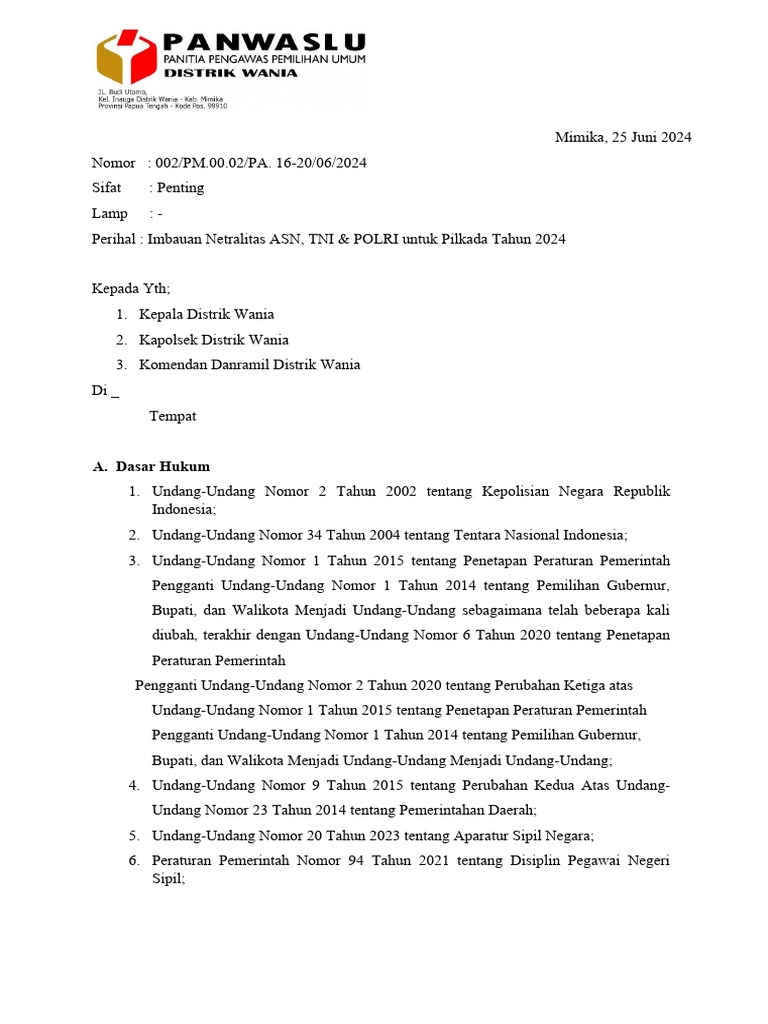 Imbauan Netralitas ASN dan TNI/POLRI | PDF