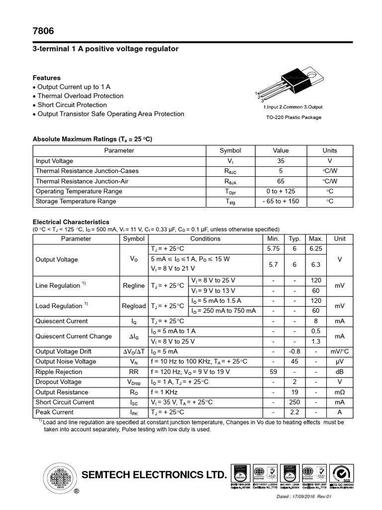 3-Terminal 1 A Positive Voltage Regulator: Semtech Electronics LTD | PDF | Power Supply ...