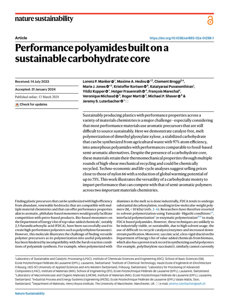 Performance Polyamides Built On A Sustainable Carbohydrate Core | PDF | Polymers | Strength Of ...