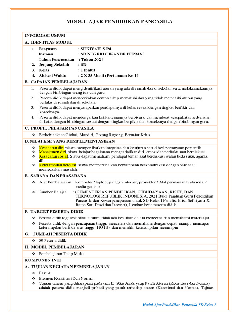 Modul Ajar KSE Pendidikan Pancasila - Sukiyah | PDF