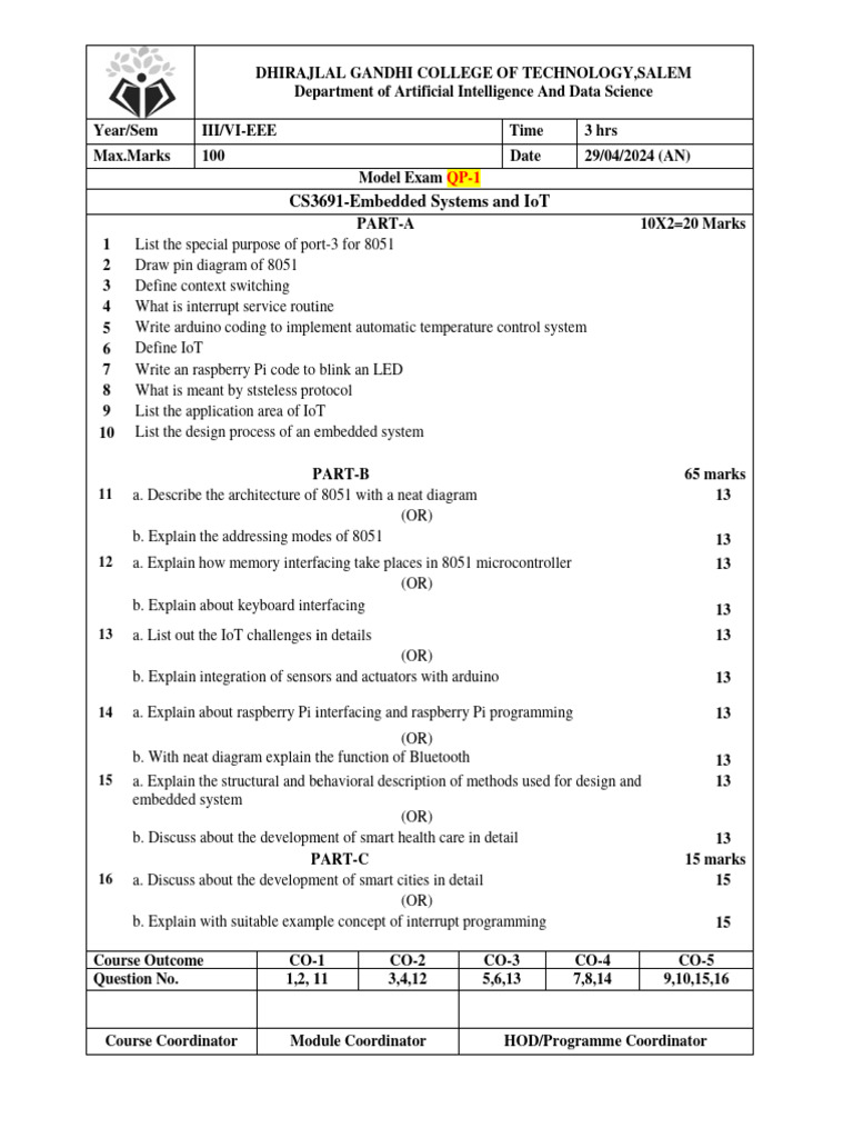 ES&IoT Model Exam QP-2 | PDF | Internet Of Things | Embedded System