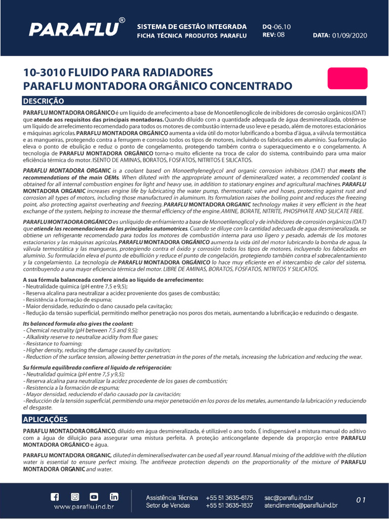 Ficha Tecnica Paraflu Montadora Organico Concentrado | PDF | Veículos ...