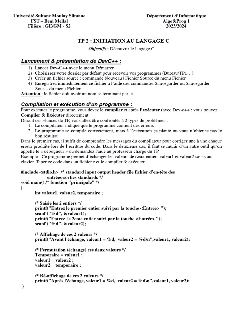TP N°2 | PDF | C (Langage de programmation) | Programme informatique
