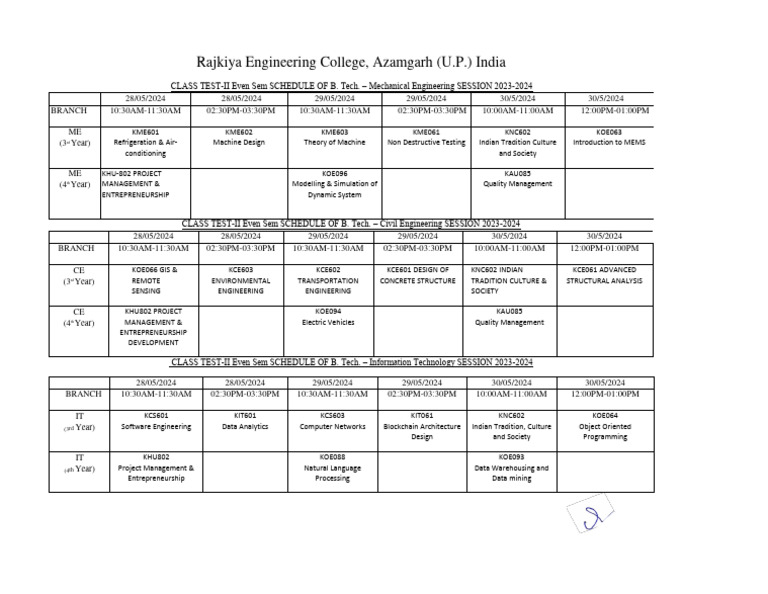 Class Test 2 Schedule 2023-2024 of Rec Azamgarh | PDF | Engineering ...