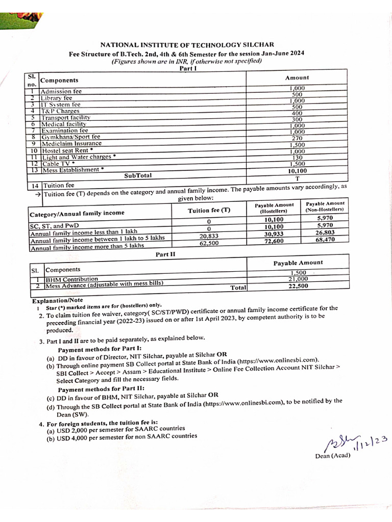 B.Tech. 2nd, 4th, 6th, 8th Fee Structure Jan-June 2024 | PDF