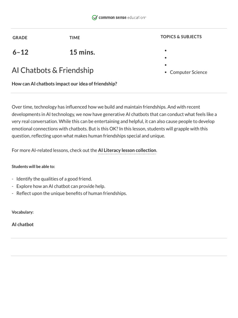 AI Chatbots & Friendship - Common Sense Education | PDF | Artificial ...