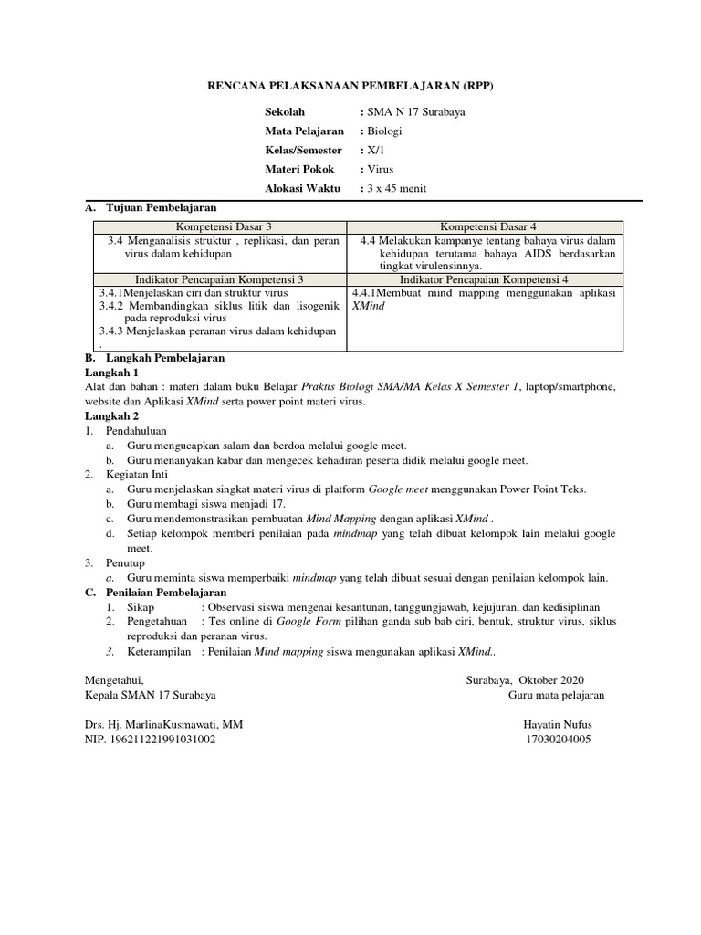 RPP Virus 1 LBR + Lampiran - Hayatin Nufus | PDF