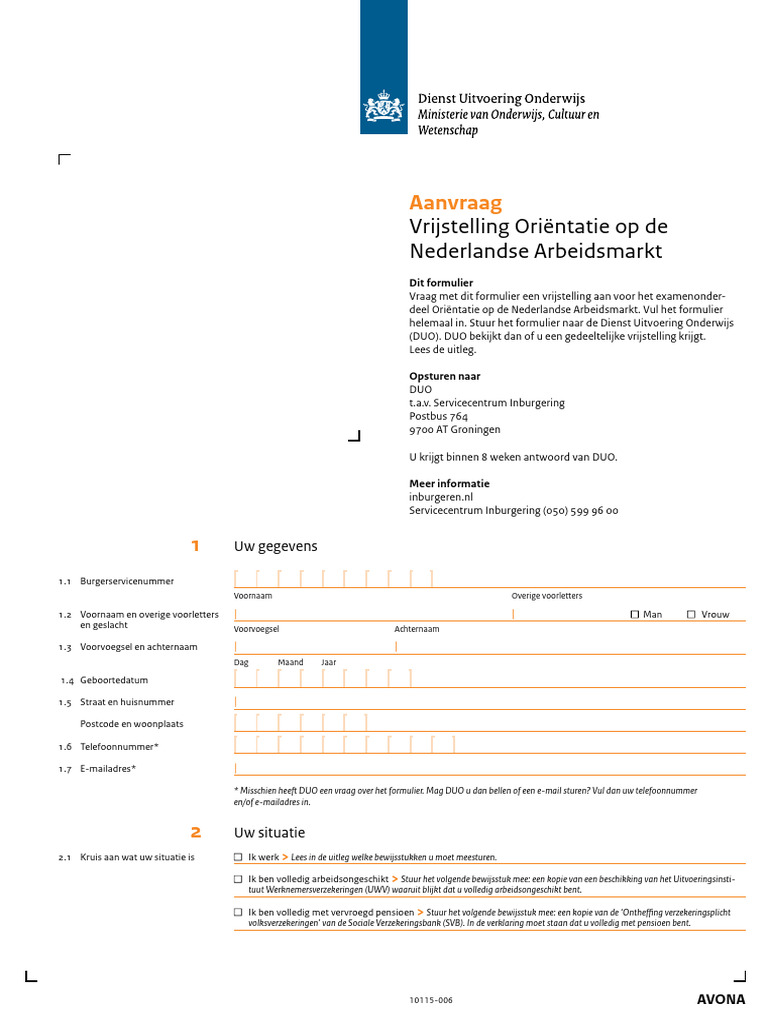 Aanvraag Vrijstelling Orientatie Op de Nederlandse Arbeidsmarkt | PDF