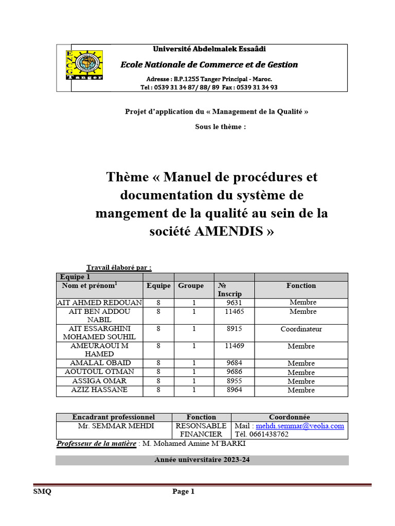 Manuel de procédures qualité AMENDIS | PDF | Management de la qualité ...