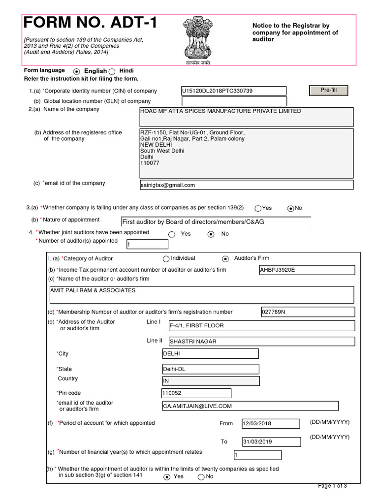 Auditor Appointment Notice Form ADT-1 | PDF | Finance & Money Management