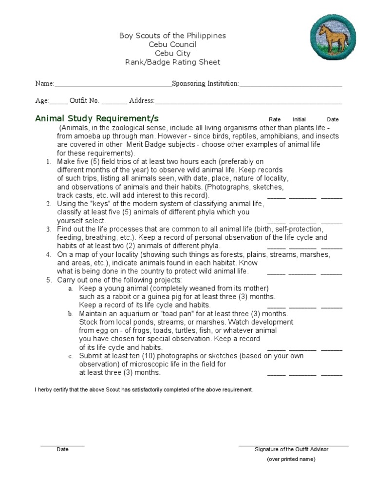 Animal Study Badge Requirements Sheet | PDF | Wellness | Science ...