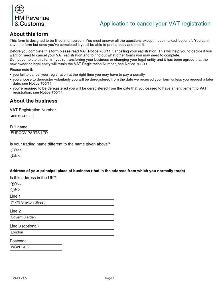 Application To Cancel Your VAT Registration: About This Form | PDF ...