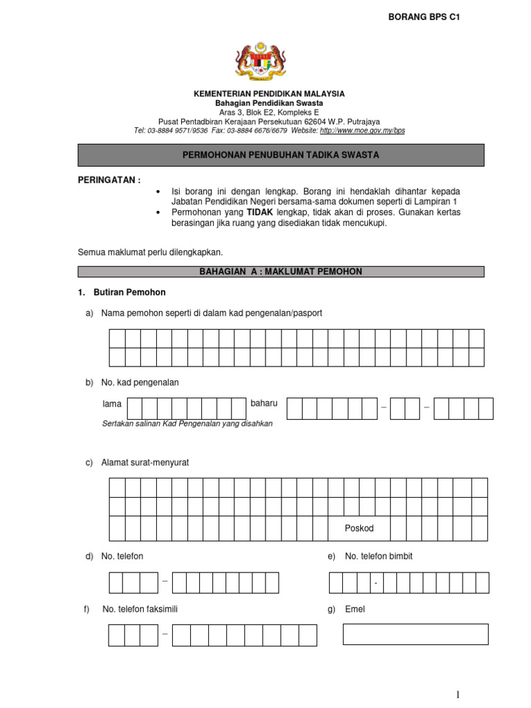 1 - Borang BPS C1 Penubuhan Tadika Swasta | PDF
