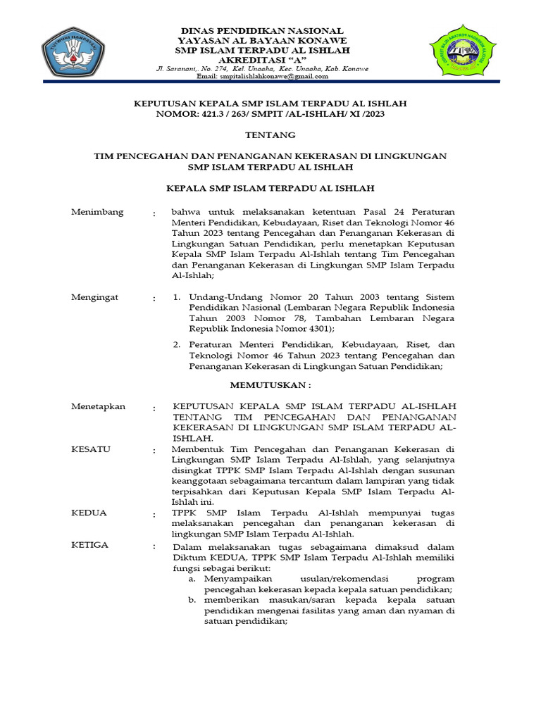 Lampiran 2 - Contoh SK Kepala Satuan Pendidikan Pembentukan TPPK (File ...