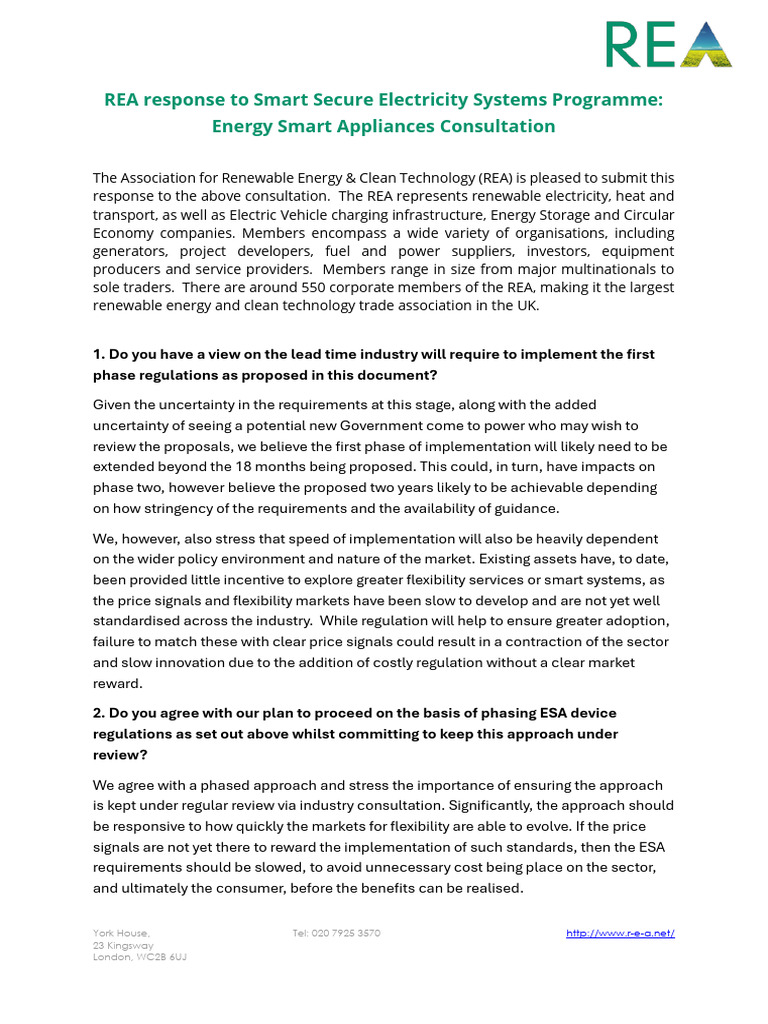 Smart Secure Electricity Systems Consultation REA Response | PDF ...
