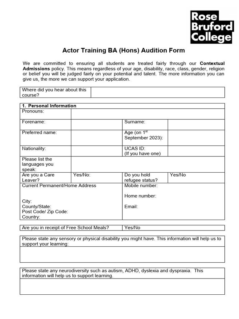 Actor Training BA Audition Form | PDF | Race And Ethnicity In The ...