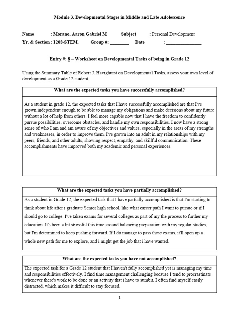 Entry 8 Worksheet On Developmental Tasks 2 | PDF | Developmental ...
