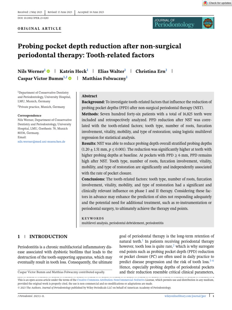 Probing Pocket Depth Reduction After Non Surgical Periodontal Therapy ...