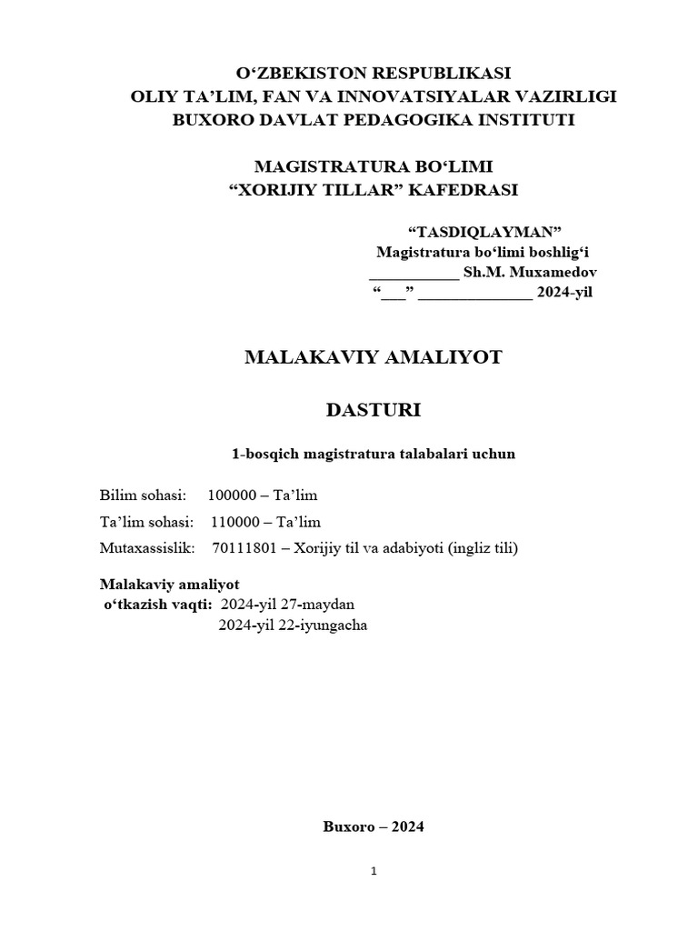XTA 2023. Malakaviy Amaliyot Dasturi Magistr 2024 Iyun | PDF