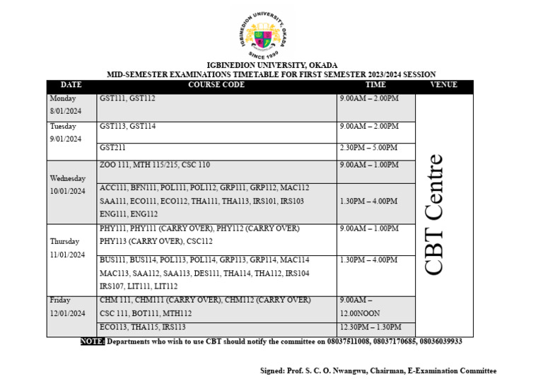 Mid Semester CBT Time Table 2023-2024 Draft 1 | PDF | Science & Mathematics